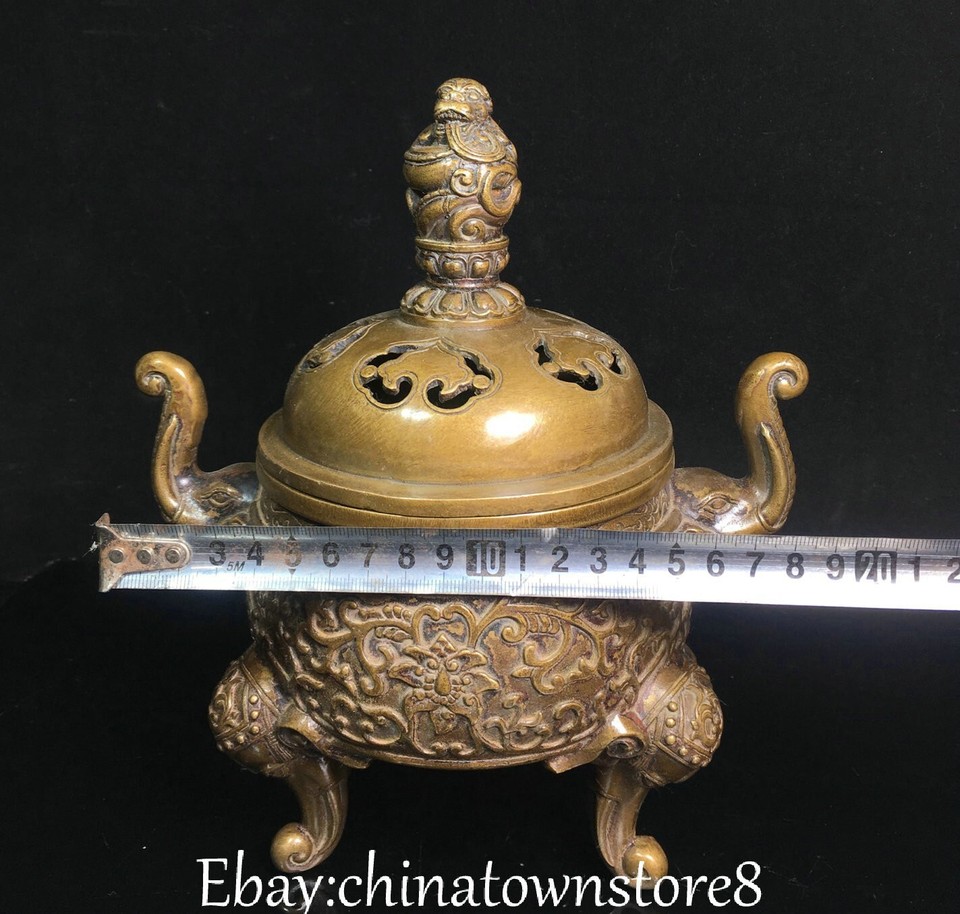 9.4'' Old Qing Qianlong Pure Bronze Dragon Loong Elephant Incense ...