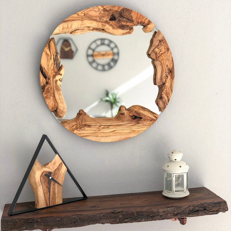 Wood Round Mirror, Live Edge Wood Wall Mirror, Wood Frame Mirror Wall ...