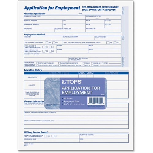 Tops Comprehensive Employment Application Form - 11" X 17" Sheet Size ...