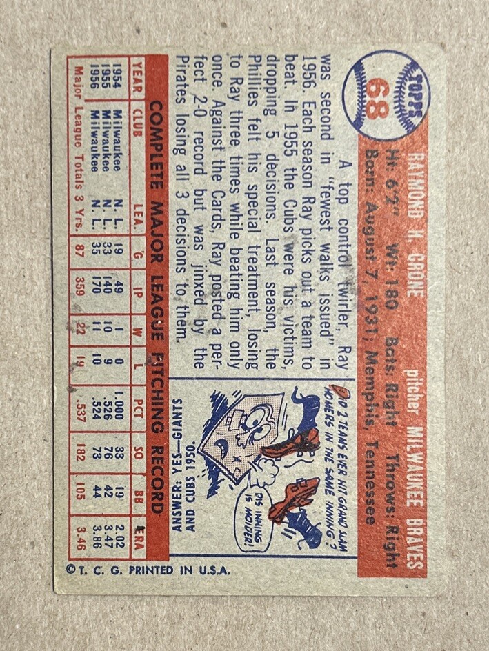 1957 Topps Baseball Ray Crone Milwaukee Braves Card #68 | eBay