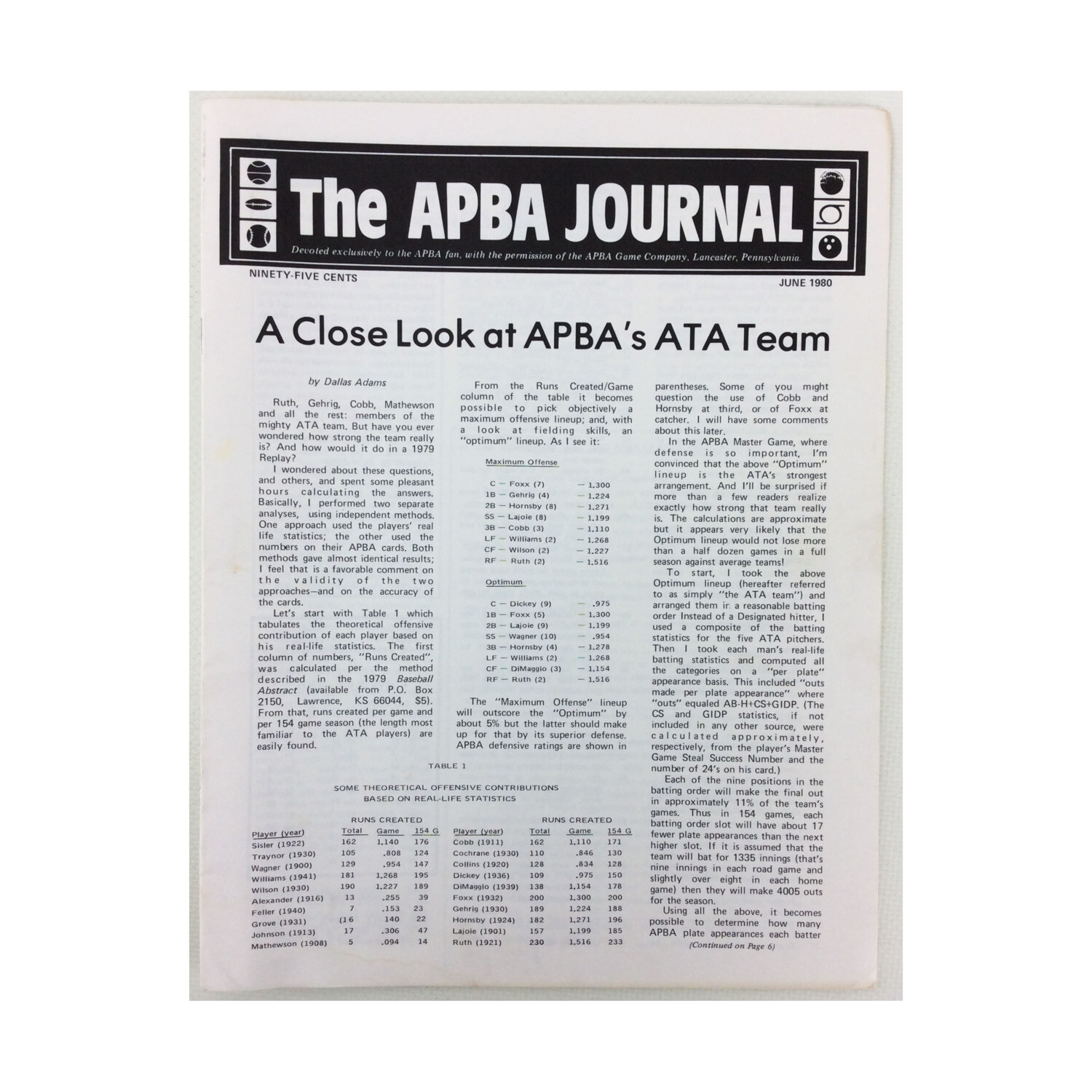 APBA APBA Journal Volume 13, #11 "A Close Look at APBA's ATA Team, Lin ...