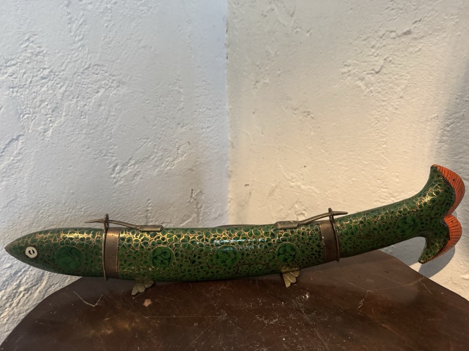 VINTAGE AUTHENTIC RARE HAND MADE KASHMIR INDIA WOOD BRASS FISH SET FORK ...