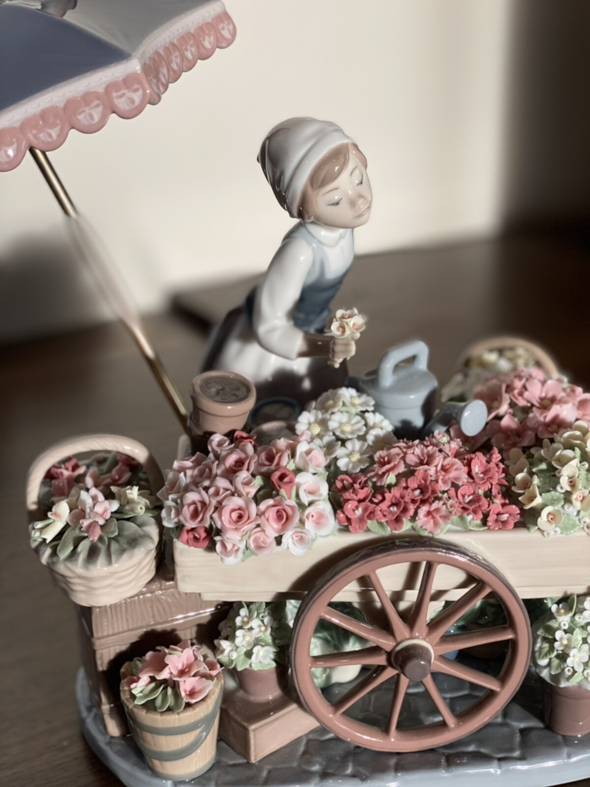 Lladro Flowers Of The Season Girl With Flower Cart Umbrella And