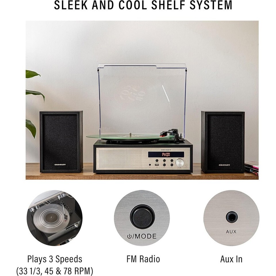 Crosley CR7022A-BK Sloane Bluetooth Shelf System Record Player - Black ...