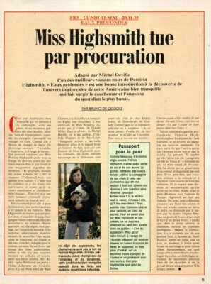 PATRICIA HIGHSMITH => 1 page 1987 French CLIPPING / COUPURE DE PRESSE ...