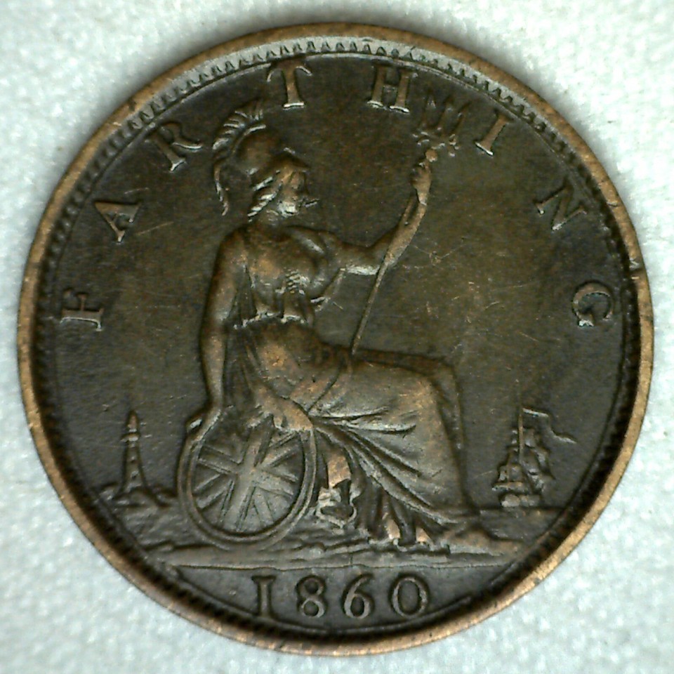 1860 Great Britain Bronze Farthing Coin Extra Fine Circulated Victoria ...