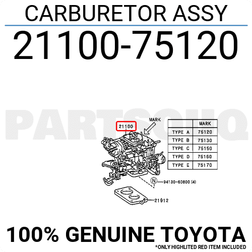 2110075120 Genuine Toyota CARBURETOR ASSY 21100-75120 | eBay