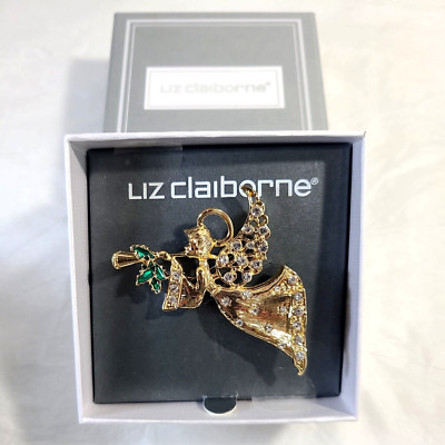 Liz Claiborne Rhinestone Brooch Angel Pin Holly Gold Tone Trumpet ...