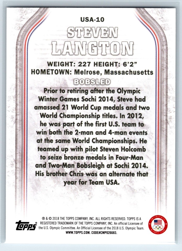 Steven Langton 2018 Topps U.S. Olympic Team RC USA #USA-10 | eBay