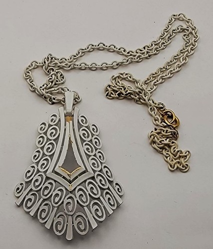 Vintage Signed TRIFARI Crown White Enamel Pendant on 27" Chain Key Logo ...