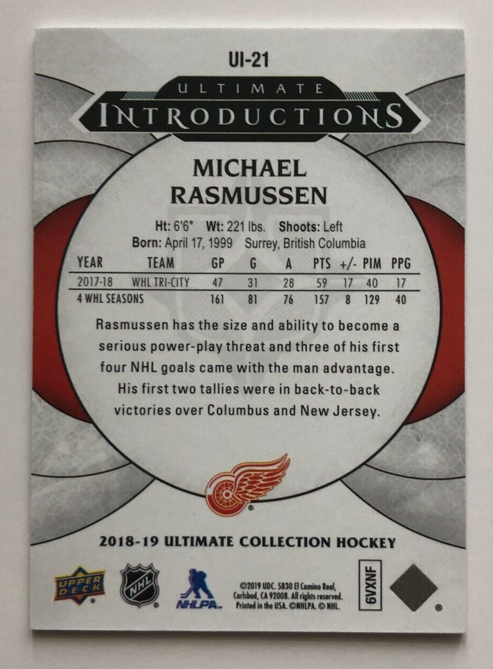 2018-19 Upper Deck Ultimate Collection #UI-21 Michael Rasmussen Rookie ...