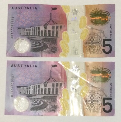 2016 QE11. $5.00 Australian Polymer Banknote, AK.and BI Prefixes. Good ...