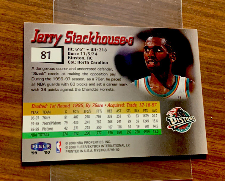 Jerry Stackhouse 1999-00 Fleer Mystique Card # 81 , Detroit Pistons | eBay