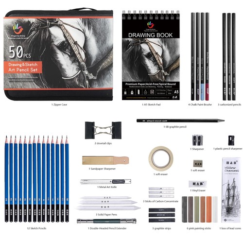 50 Pack Drawing Set Sketching Kit, Pro Art Supplies with 3-Color ...
