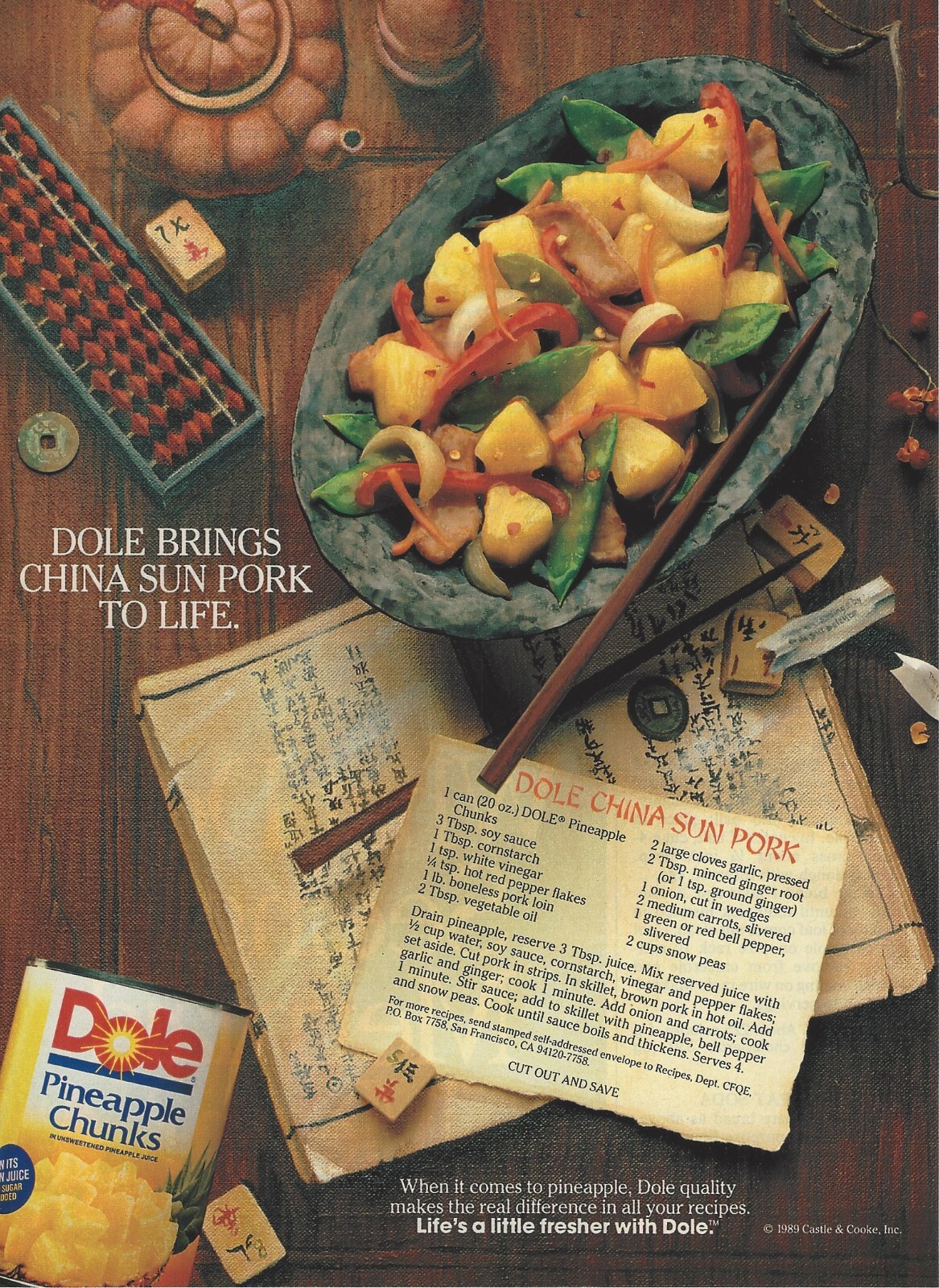 1990 Dole Pineapple Chunks China Sun Pork vintage print ad Food ...