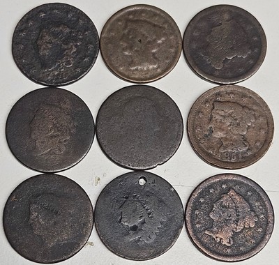 US Large Cent Lot: 9 Coins 18??-1851 Culls + No Reserve Free Shipping ...