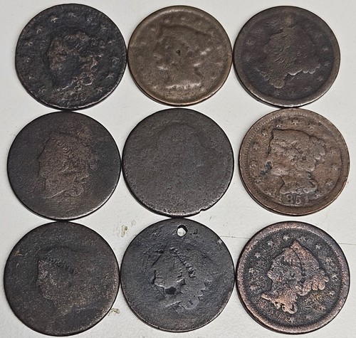 US Large Cent Lot: 9 Coins 18??-1851 Culls + No Reserve Free Shipping ...