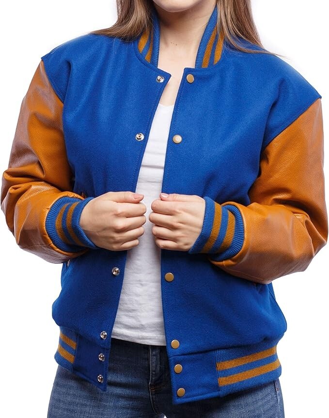Varsity Base Premium Classic Snap Button Letterman Jacket, Blue/Gold Sz ...