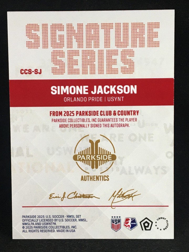 Simone Jackson 2025 Parkside Club & Country USWNT NWSL SIGNATURE Auto ...