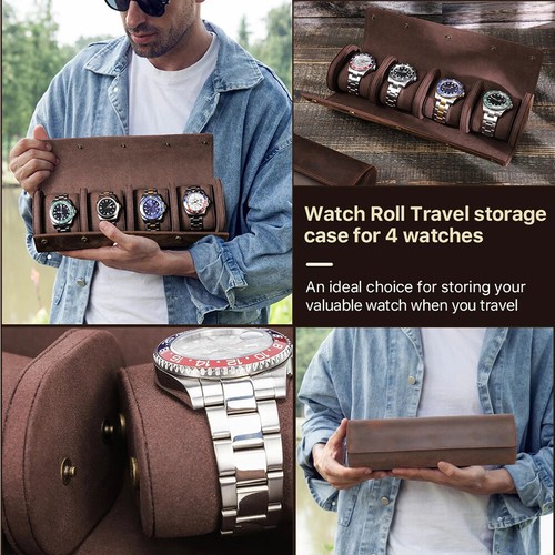 Retro 4 Slots Genuine Leather Watch Roll Storage Box Watches Travel ...