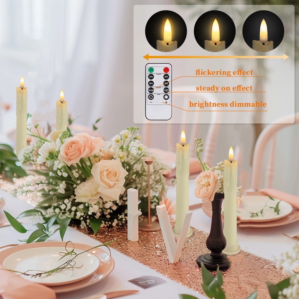 6PCS Flickering Flameless LED Taper Candles Light & Holders Timer ...