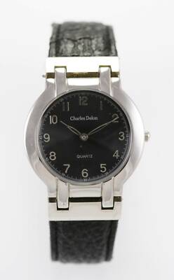 Charles Delon Watch Mens Stainless Steel Silver Easy Read Black Leather ...