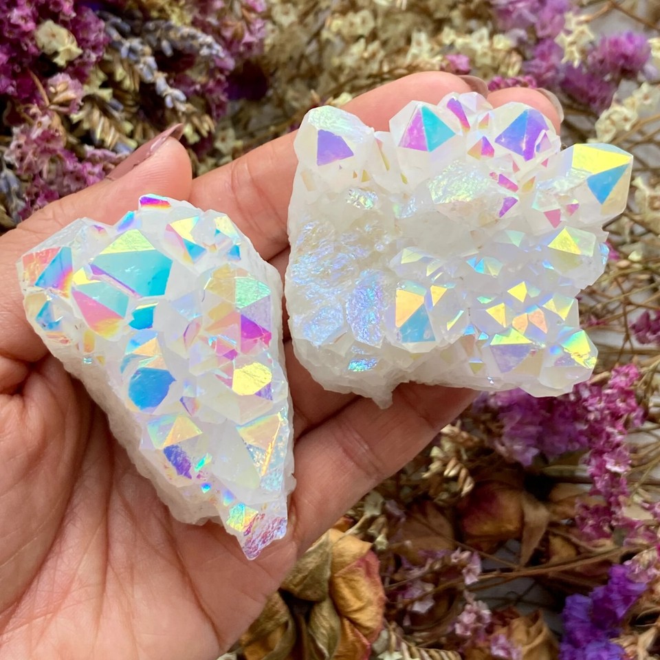 Natural Raw Rainbow Angel Aura Cluster Titanium Geode Quartz Crystal ...