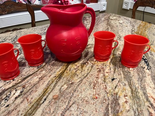 Vintage 5 Piece Smiling Red Kool Aid Face Pitcher and 4 Cups | eBay