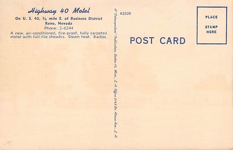 Postcard NV: Highway 40 Motel, Reno, Nevada, Vintage Linen 1940's | eBay