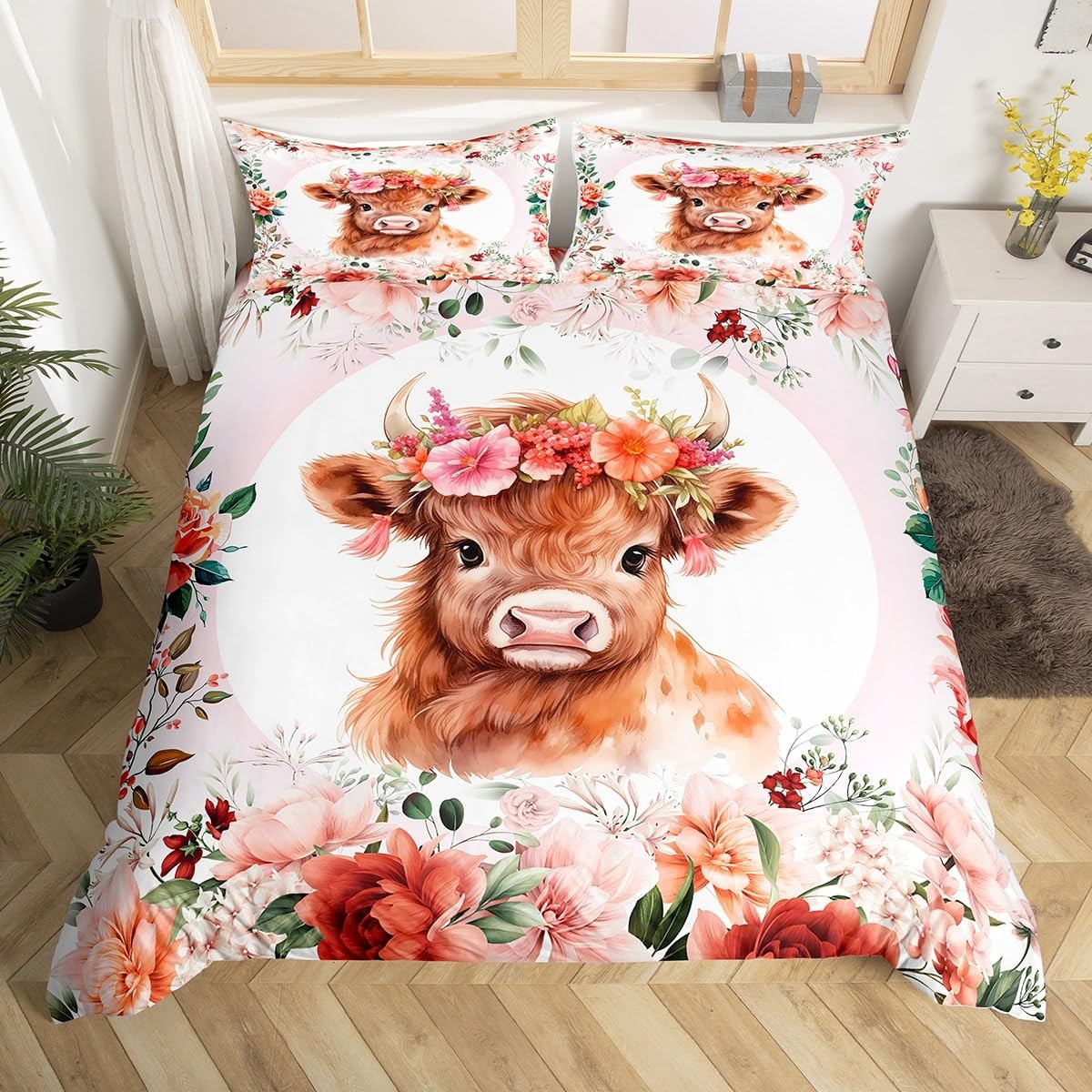 Cute Highland Cow Bedding Set Twin Size Cartoon Animal Comforter Cover ...