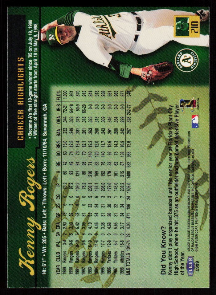 1999 Ultra Kenny Rogers #210 BASEBALL Oakland Athletics | eBay