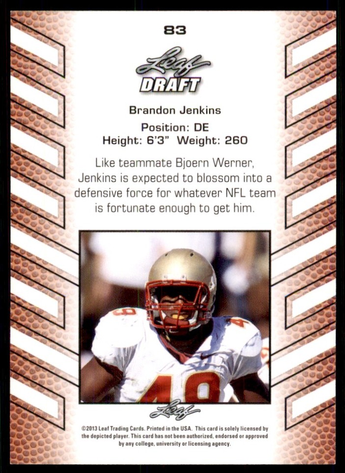 2013 Leaf Draft Brandon Jenkins Rookie Florida State Seminoles #83 NCAA ...