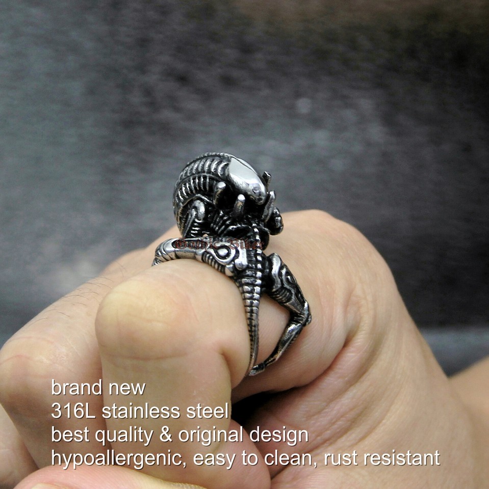 Men's 3D Black Silver Alien Skull Fierce Predator Stainless Steel Heavy ...