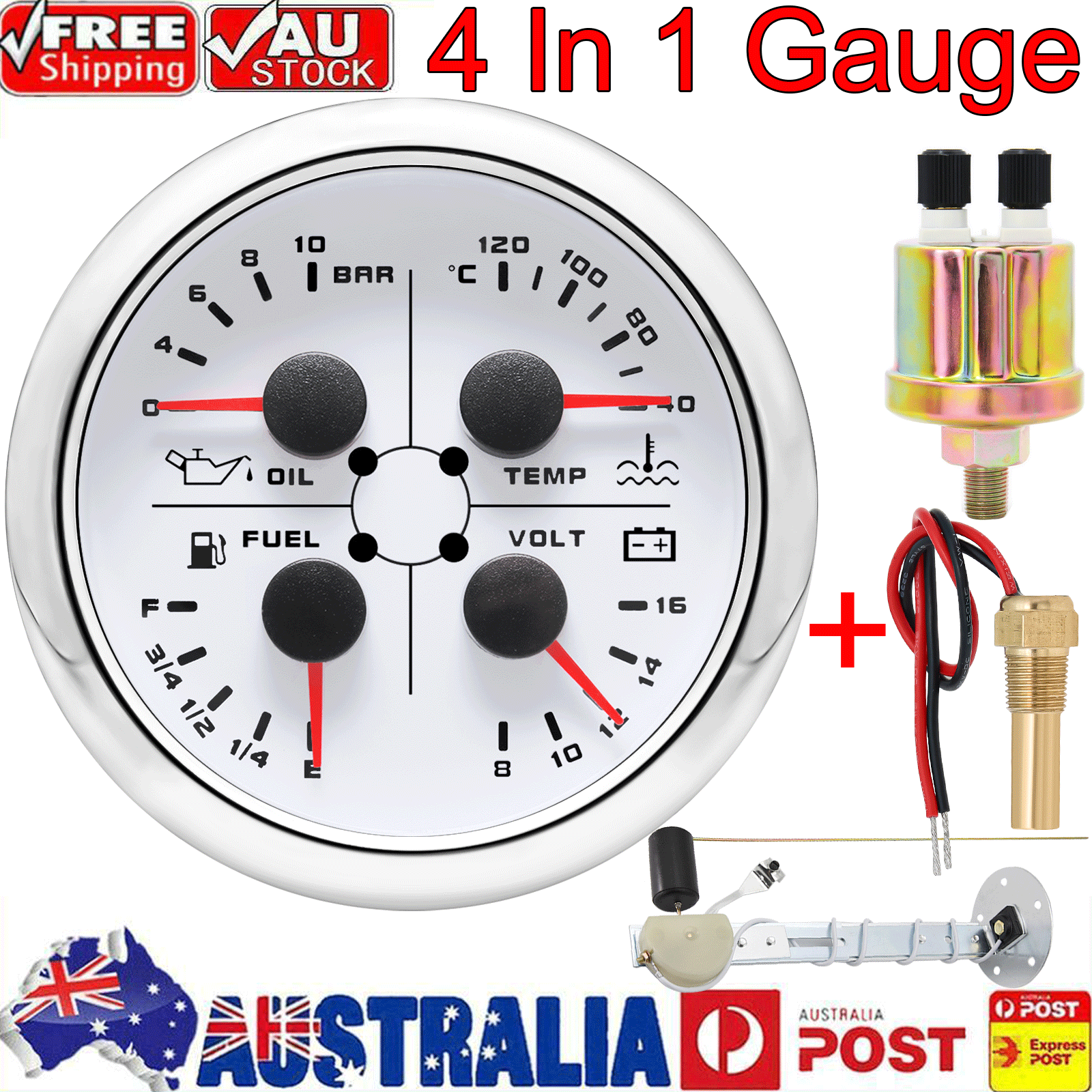 85mm 4 in 1 Gauge Fuel Level 240-33ohm Oil Pressure Water Temp Volt ...