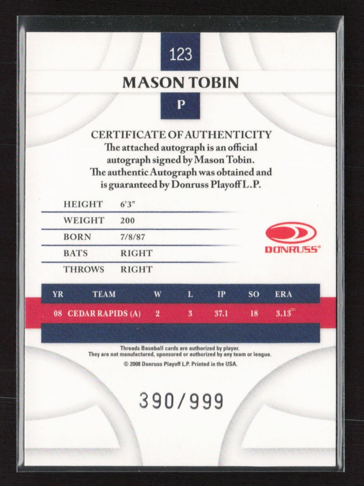 2008 Donruss Threads #123 Mason Tobin Auto #/999 Los Angeles Angels (Q ...