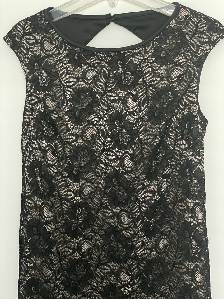 Maggy London Lined Black Tan Lace Overlay Sheath Cut Out Back Dress ...