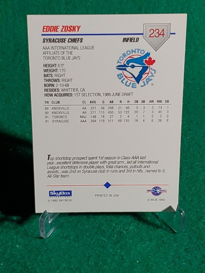 1992 SkyBox AAA #234 Eddie Zosky Syracuse Chiefs Toronto Blue Jays Pre ...