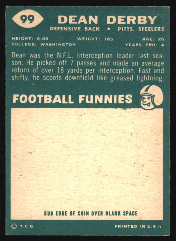 1960 Topps #99 Dean Derby EX+ RC Rookie Steelers 569952 | eBay