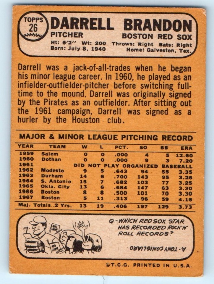 1968 Topps Baseball Cards #26 Darrell Brandon Boston Red Sox | eBay