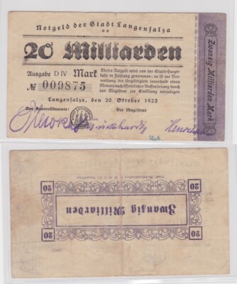 20 Milliarden Mark Banknote Stadt Langensalza 20.10.1923 (165986) | eBay.de