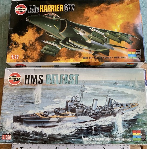 Two Vintage Airfix Model Kits, HMS Belfast Series 4 1/600 & BAe Harrier ...