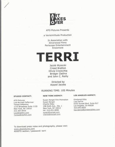 TERRI 2011 FILM ORIGINAL PRESS NOTES JOHN C REILLY JACOB WYSOCKI CREED ...