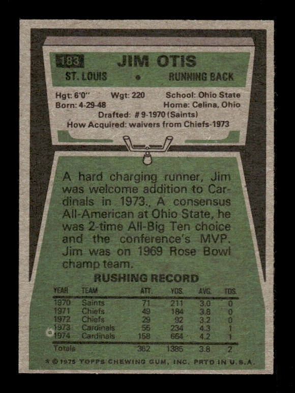 JIM OTIS SIGNED 1975 TOPPS FOOTBALL #183 ST. LOUIS CARDINALS ON-CARD ...