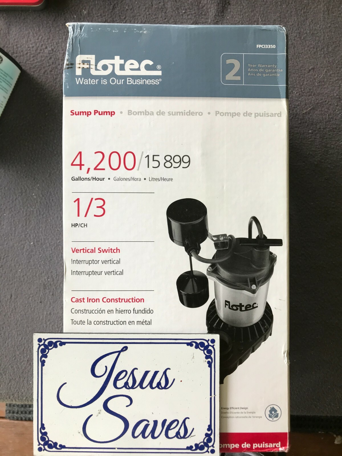 Flotec FPCI3350 1/3 HP Cast Iron Parts Submersible Sump Pump w ...