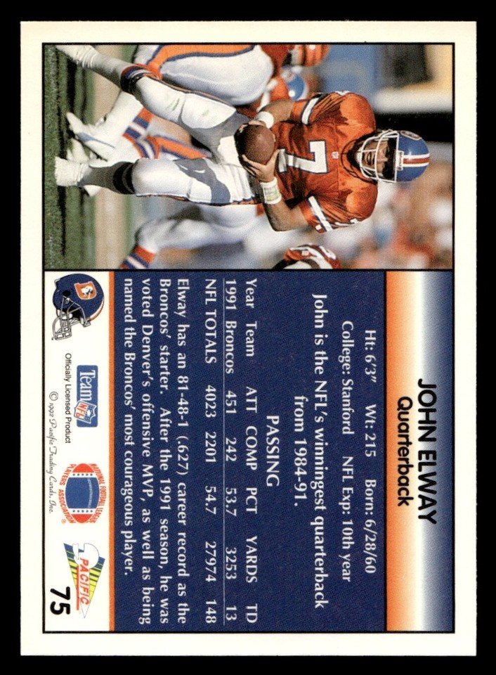1992 Pacific John Elway #75 Denver Broncos NM | eBay