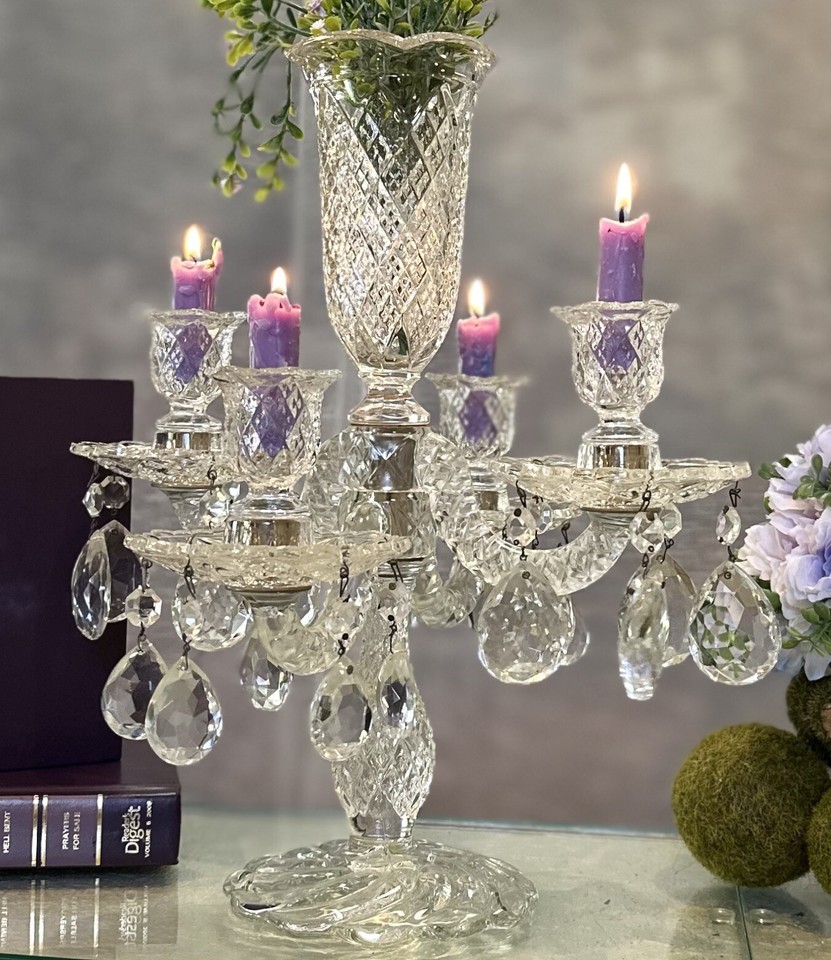 Candelabra Epergne Hanging Crystals Vintage Duncan Miller Centerpiece ...