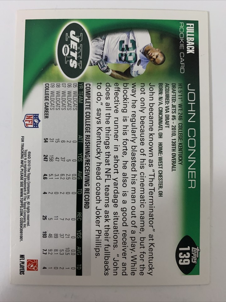 2010 NFL Topps John Conner Autograph Card #139 In Person M133 | eBay