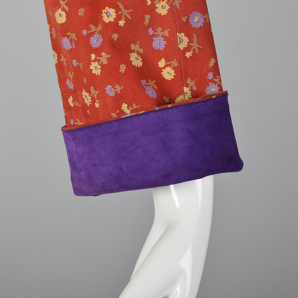 S 1970s Suede Two Piece Set Separates Silk Screen Floral Print Boho ...