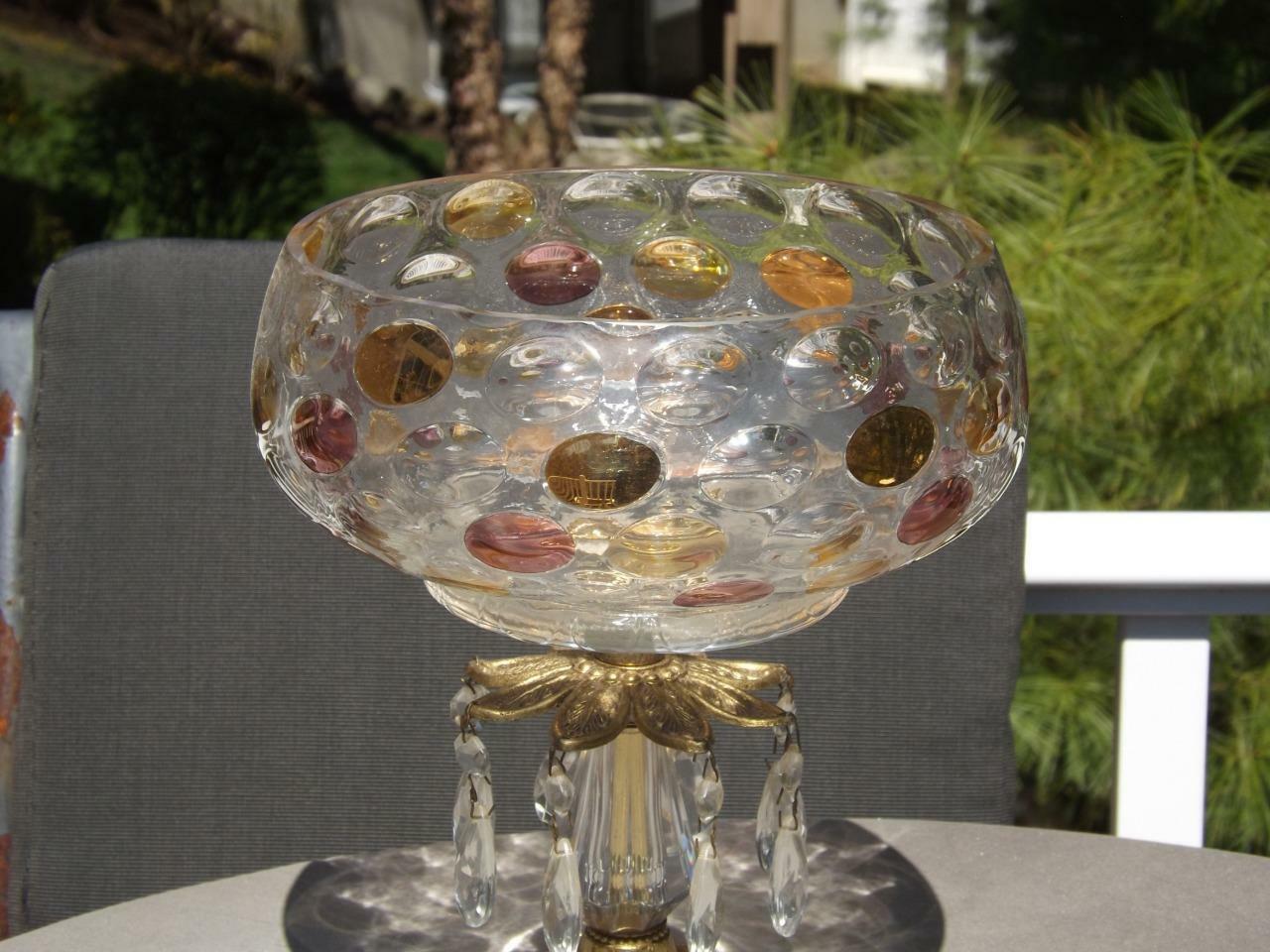 Czech Crystal Bohemian Optic Coin Glass Dot Compote Bowl Crystals Brass ...