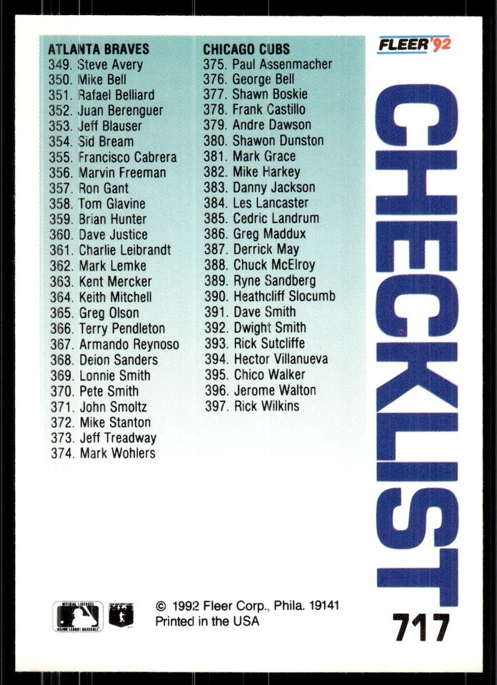 1992 Fleer Baseball Card Checklist #717 | eBay
